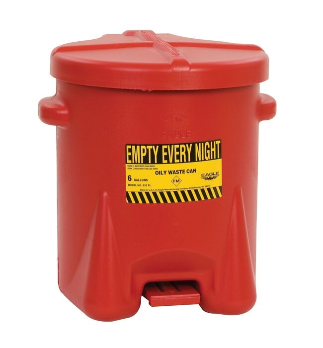 6 Gallon Red Plastic Oily Waste Can | Self Close | 933FL | Eagle